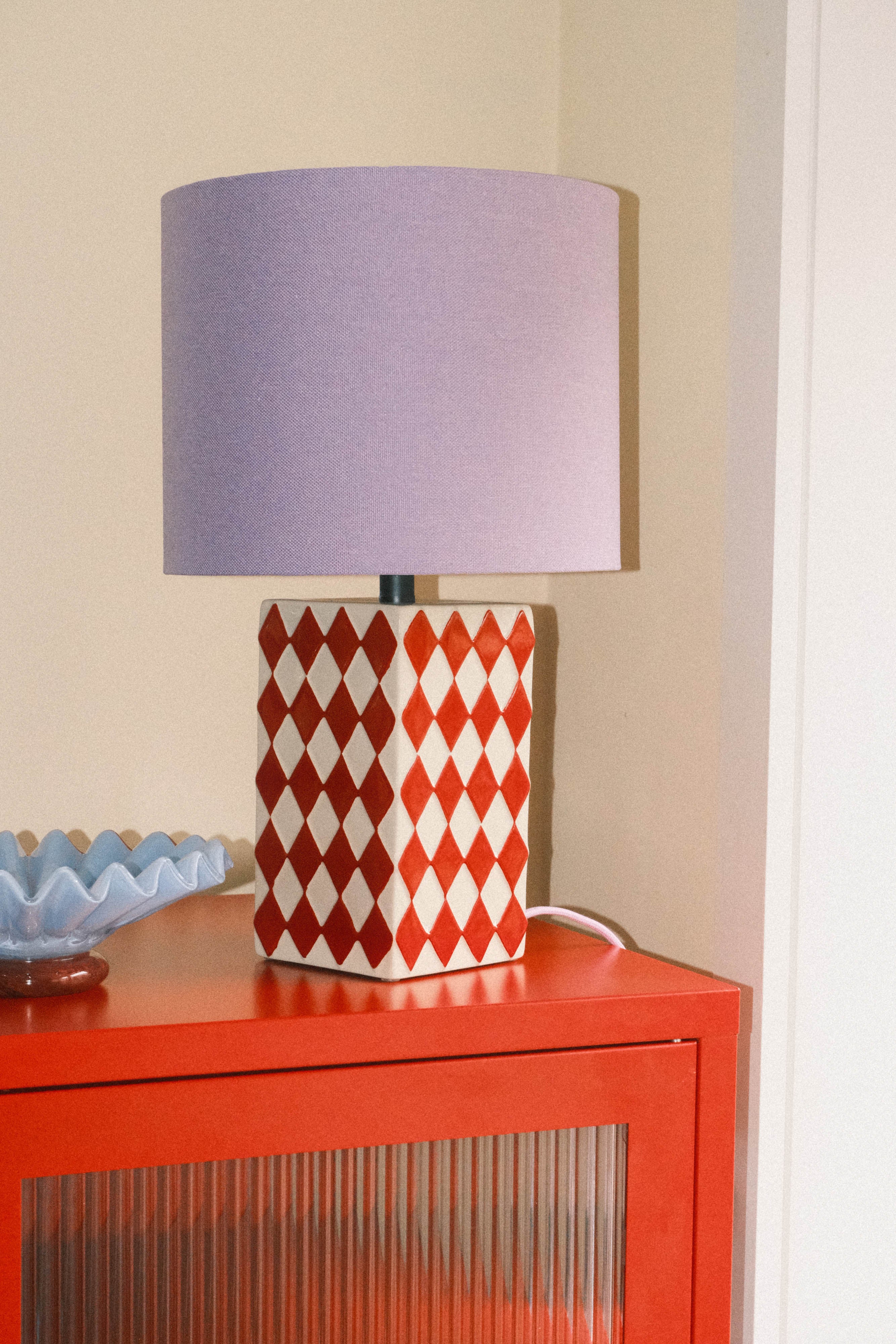 Burgundy Harlequin Stoneware Lamp with Lilac Shade – Spicer and Wood