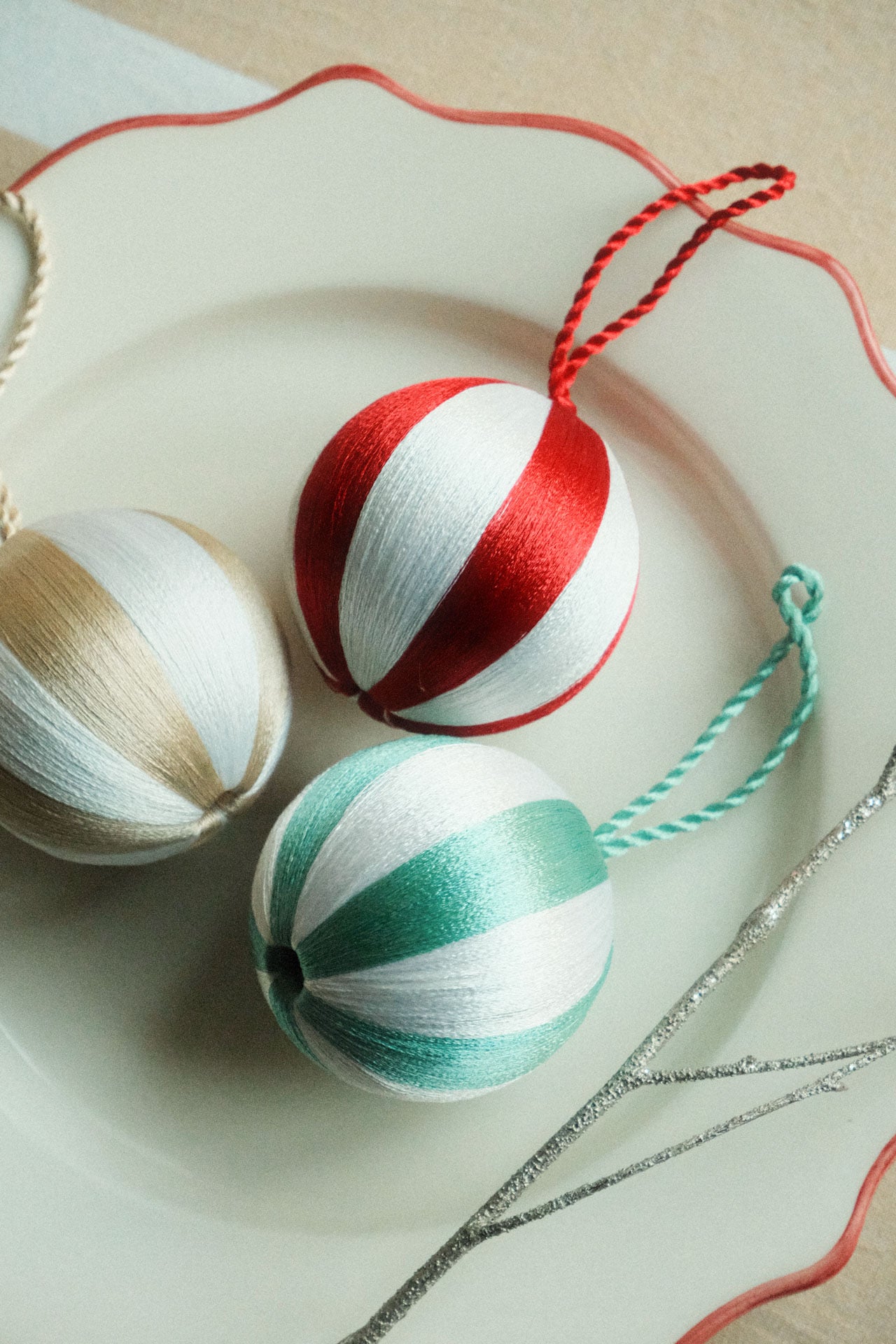 Set of Three Medium White Stripe Thread Baubles – Spicer and Wood